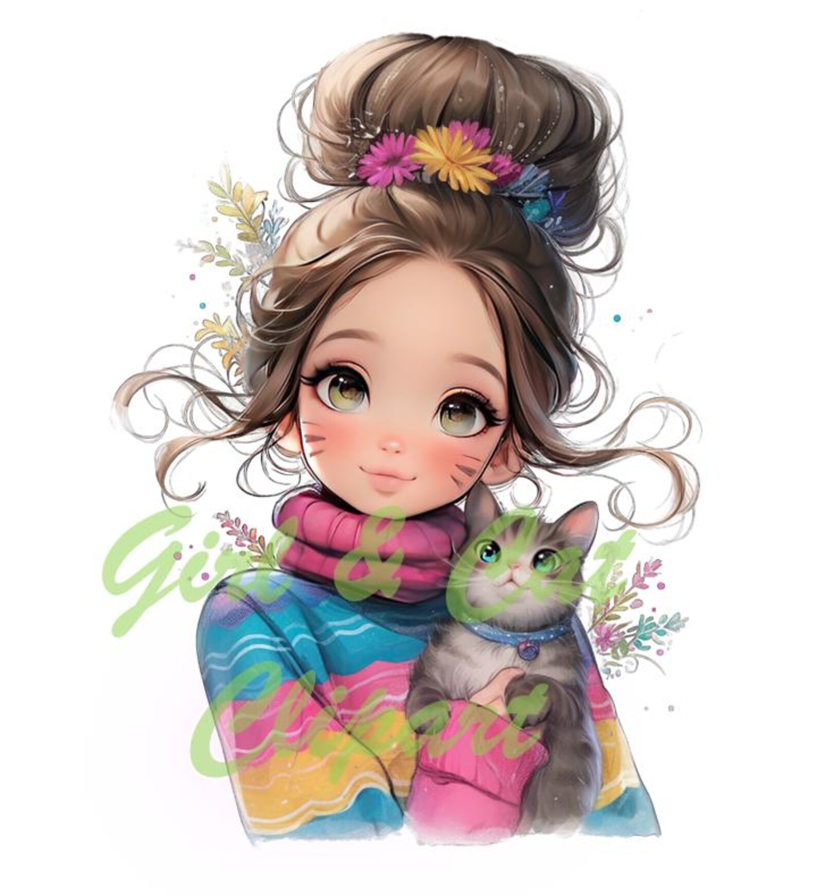 Watercolor Quirky Girl Clipart: Cat Lover Whimsical PNG Images (digital ...