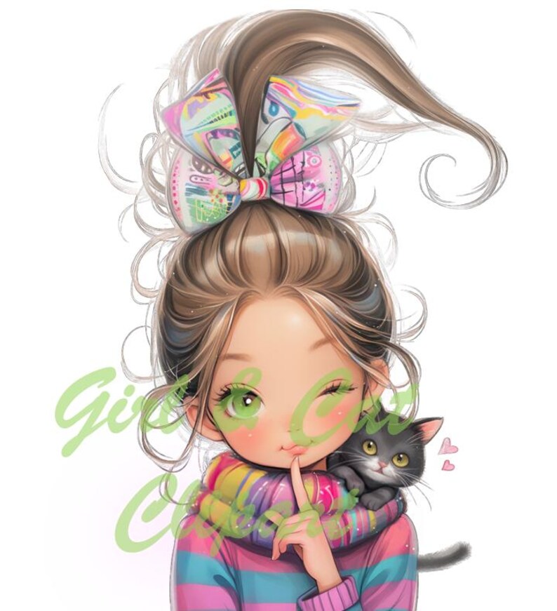Watercolor Quirky Girl Clipart: Cat Lover Whimsical PNG Images (digital ...