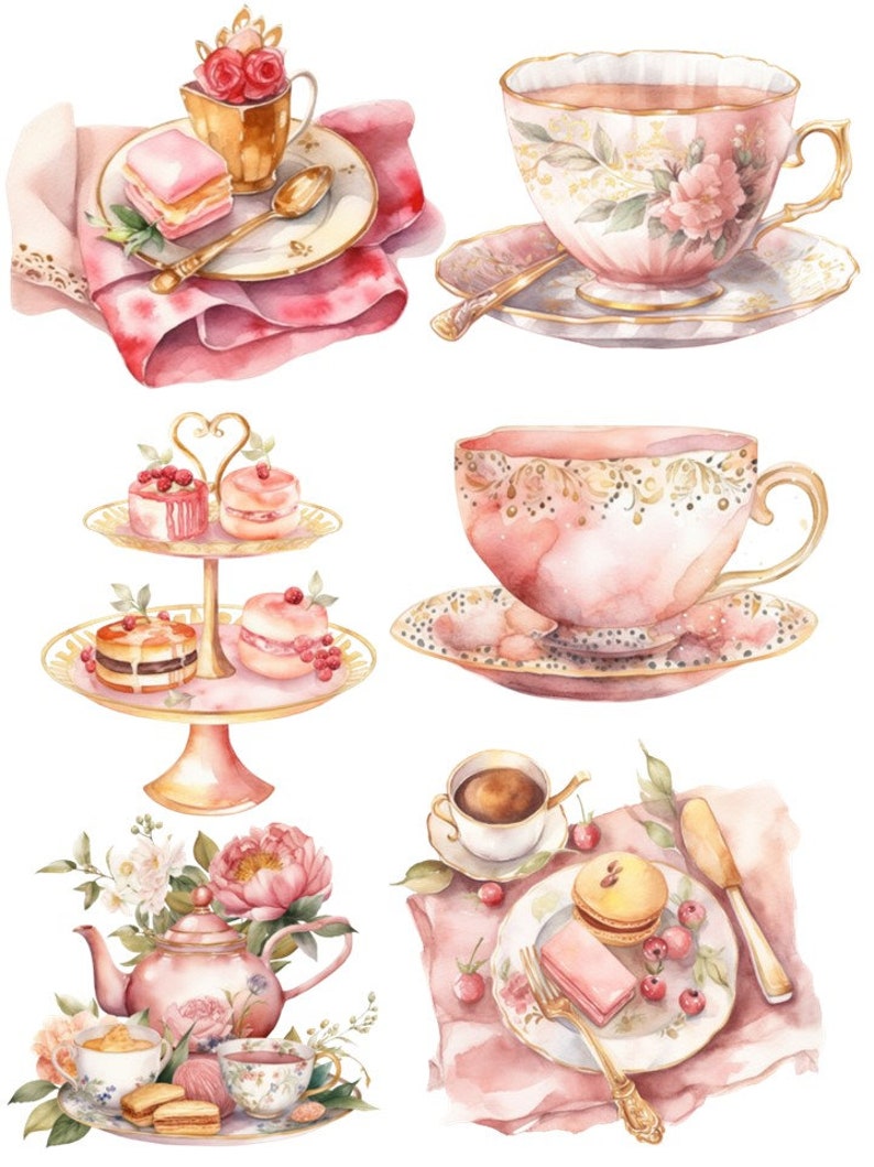 Watercolor Tea Party Clipart for Commercial Use, Junk Journal Clipart ...