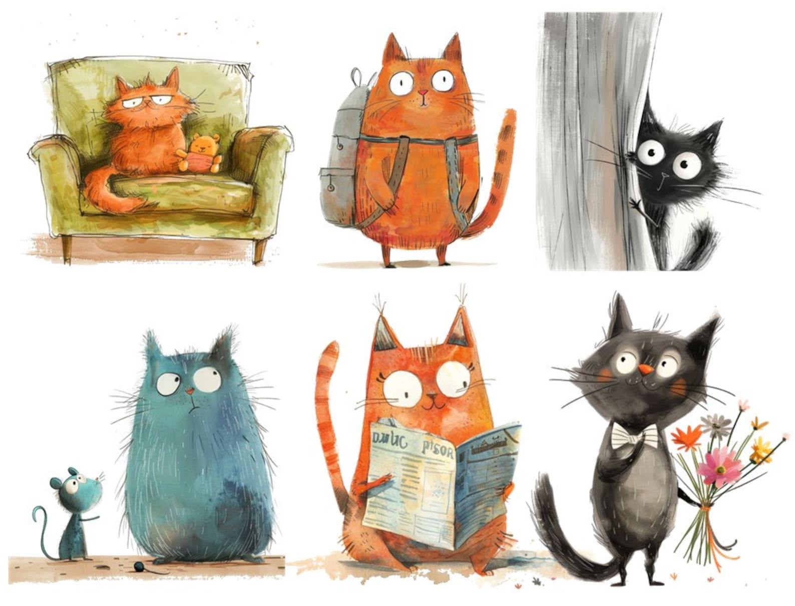 Funny Watercolor Cat Clipart Bundle: Kawaii PNG Graphics (digital ...