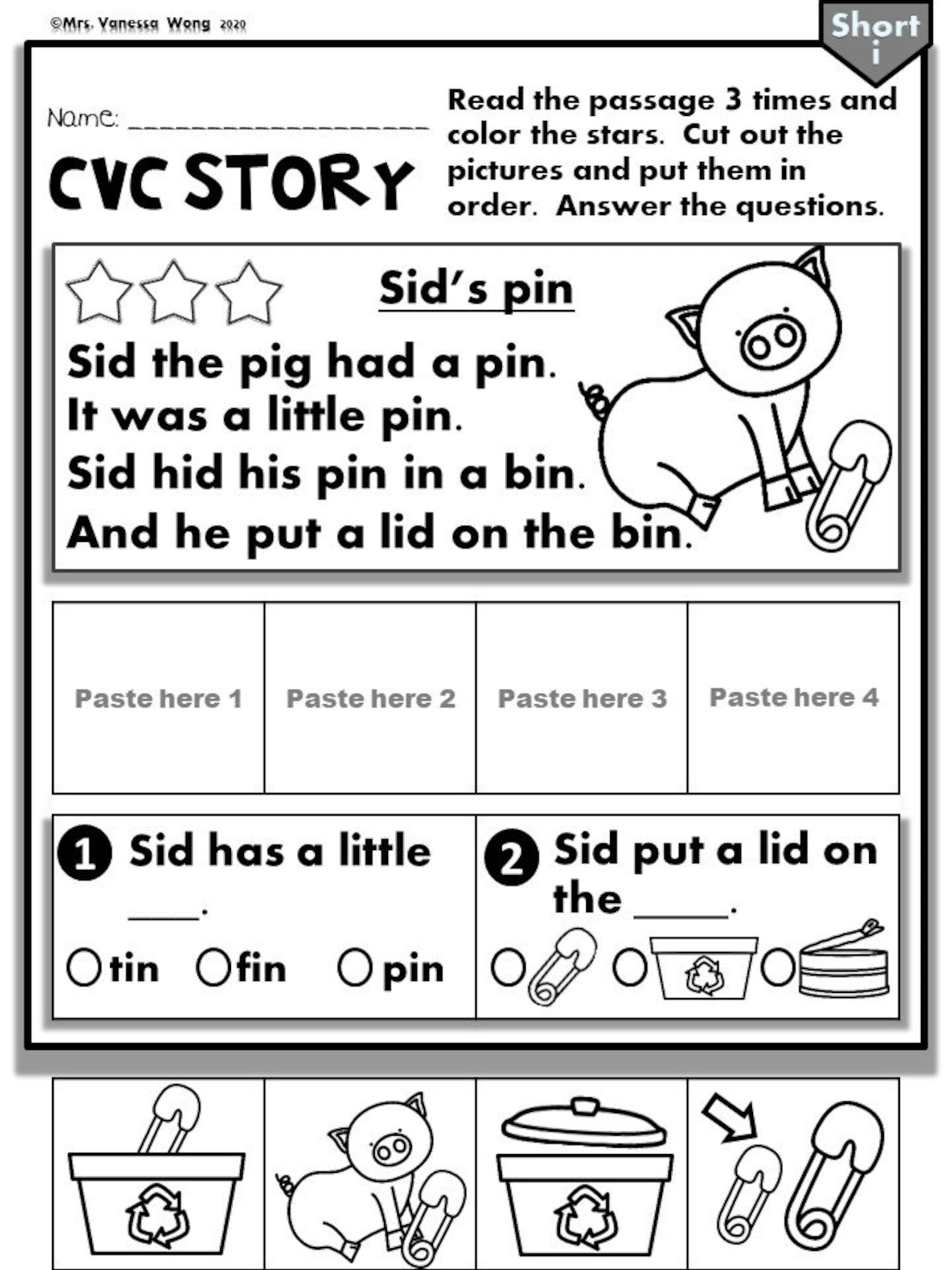 Phonics CVC Short Vowels Story Sequence for Kindergarten and First ...