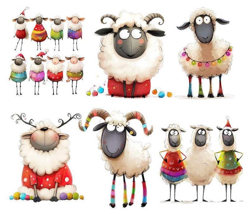 Funny Christmas Sheep Clipart Bundle: Watercolor PNG (digital Download ...