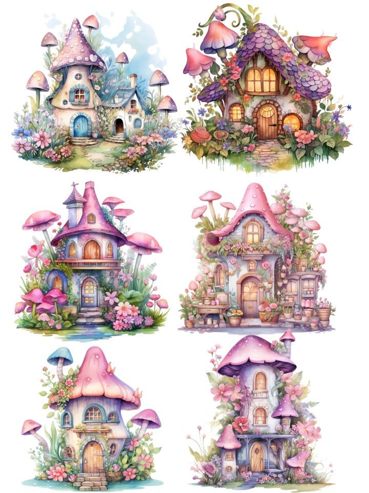 Watercolor Fairy House Clipart: Floral Mushroom Garden (digital ...