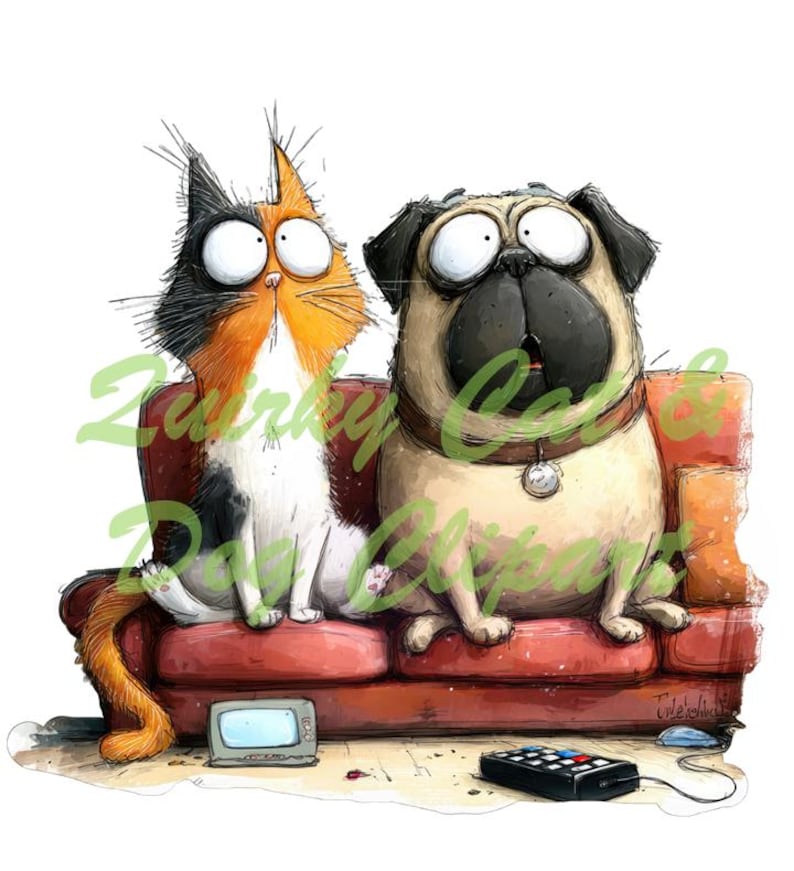 Quirky Clipart Bundle: Watercolor Style, Funny Cat and Dog PNG Images ...