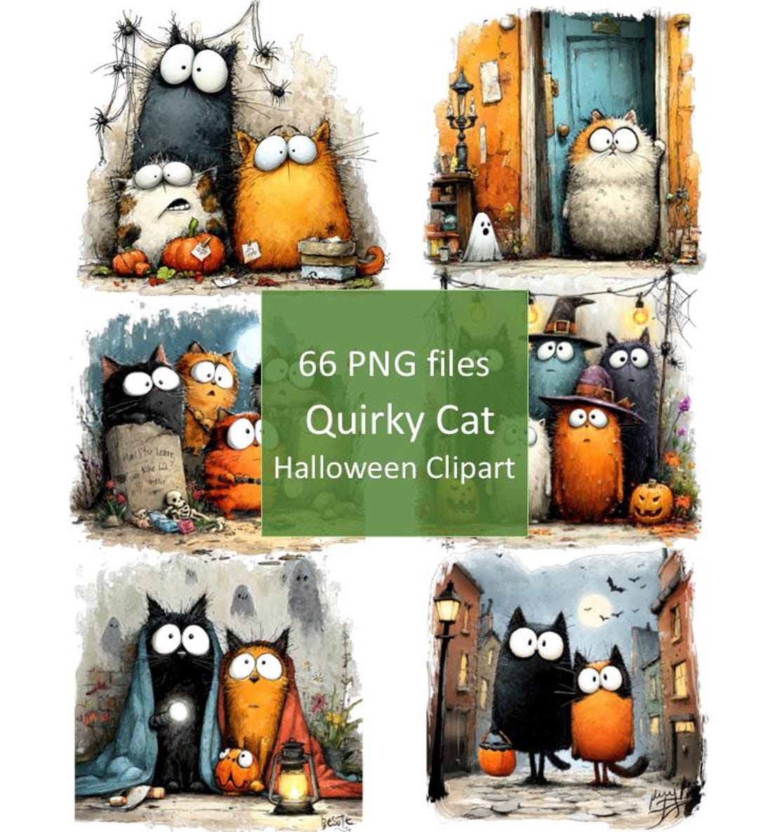 Watercolor Halloween Cat Clipart Bundle: Funny PNG Images (digital ...