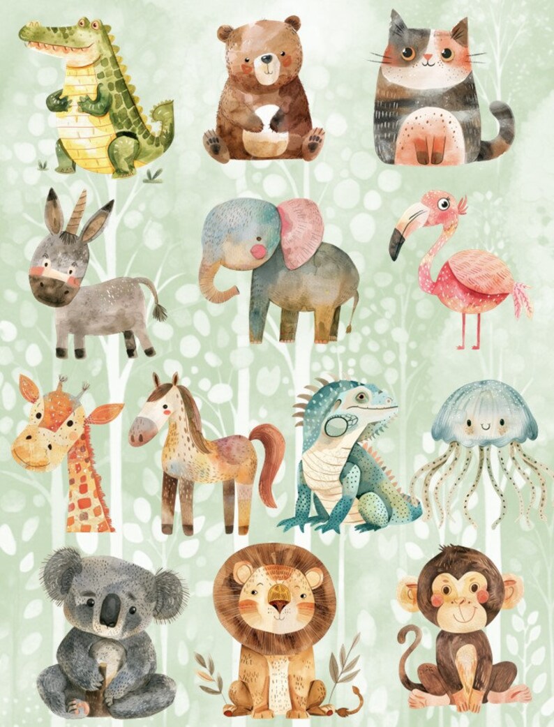Watercolor Animal Clipart: Alphabet Nursery Art (digital Download) - Etsy