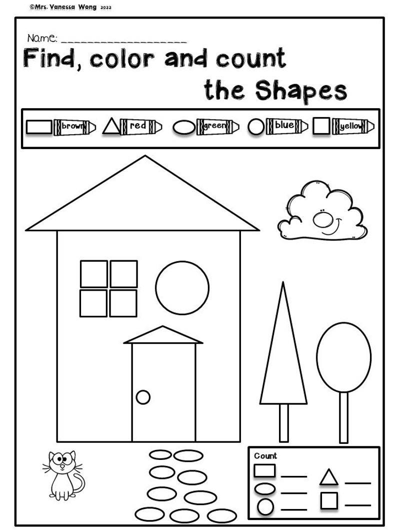 2D Shapes Kindergarten Worksheets: Color, Count, Graph (PDF) - Etsy