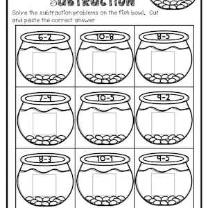 Kindergarten Math Worksheets. Cut and Paste Subtraction. Distance ...