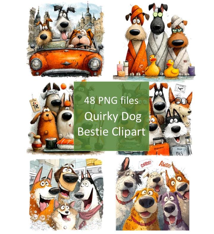 Quirky Clipart Bundle: Watercolor Style, Funny Dog PNG Images (digital ...