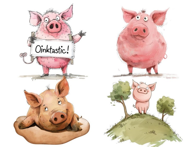 Funny Pig Watercolor Clipart Bundle: Quirky Farm Animals (PNG ...