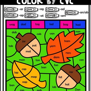 Phonics Worksheets-cvc Color by Code. Fall Theme. Prek/kindergarten/1st ...