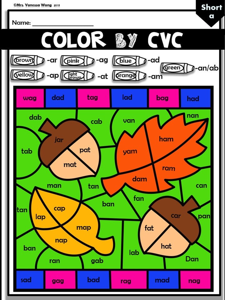 Phonics Worksheets-cvc Color by Code. Fall Theme. Prek/kindergarten/1st ...