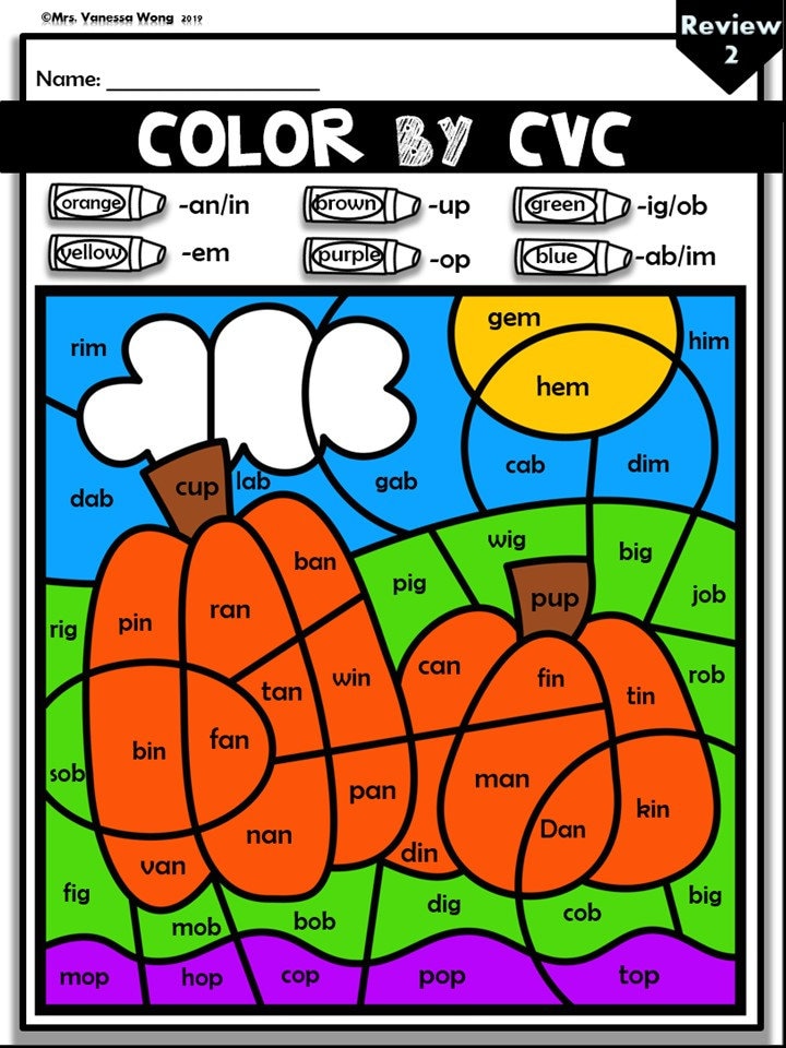 Phonics Worksheets-cvc Color by Code. Fall Theme. Prek/kindergarten/1st ...