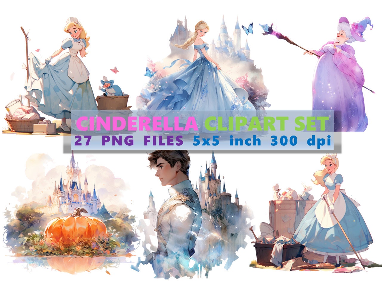 Watercolor Cinderella Clipart: Princess, Castle, Carriage (PNG Digital ...