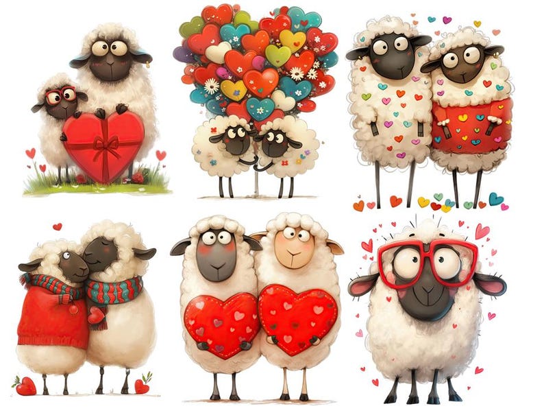 Funny Valentine Sheep Clipart Bundle: Love PNG Graphics (commercial Use ...