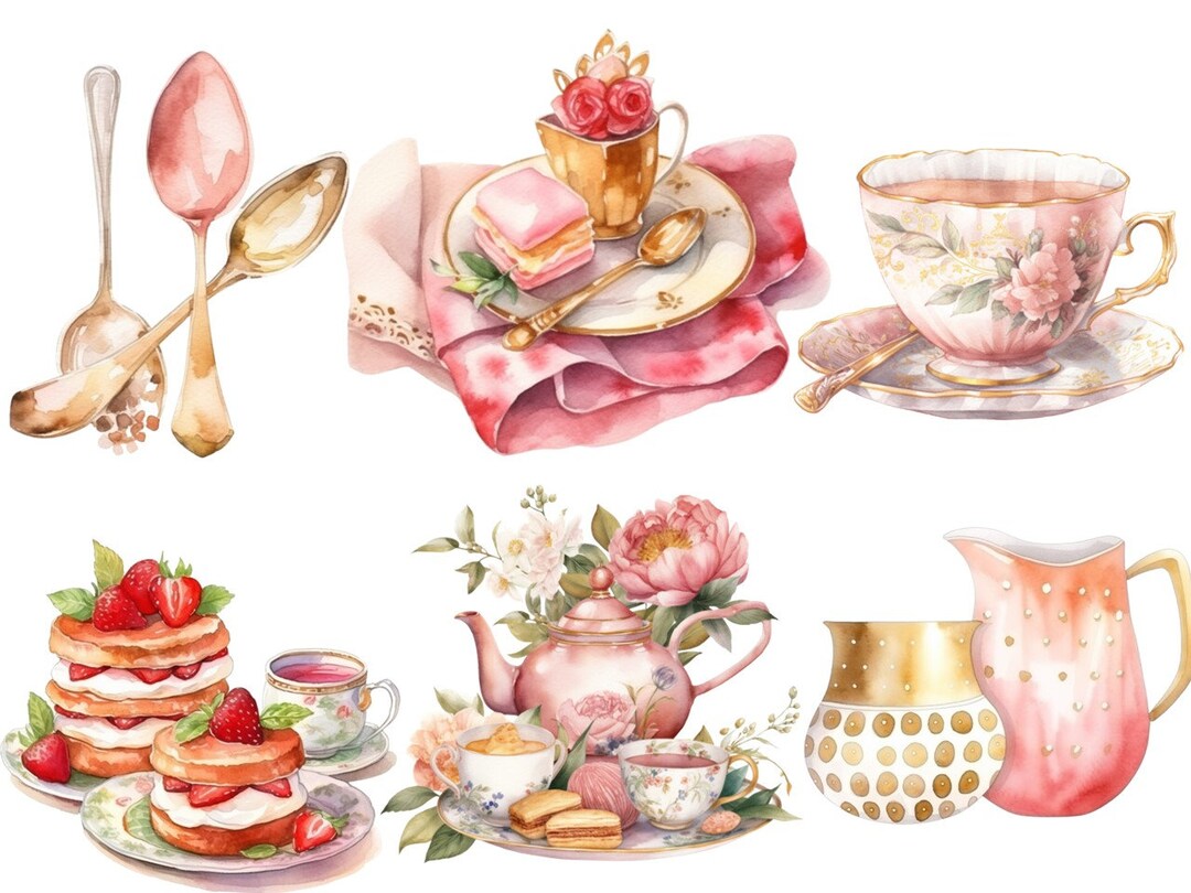 Watercolor Tea Party Clipart for Commercial Use, Junk Journal Clipart ...