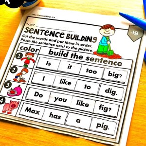Phonics Worksheets CVC Short Vowels -sentence Building (kindergarten ...