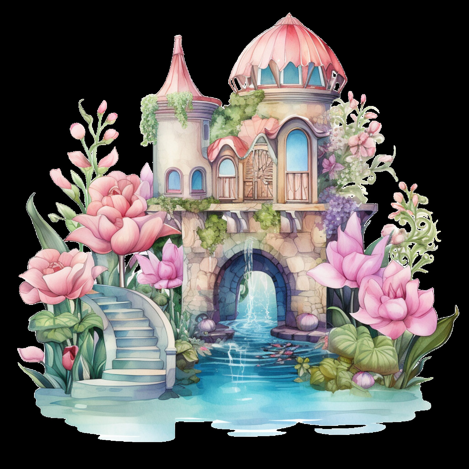 Watercolor Fairy House Clipart: Floral Mushroom Garden (digital ...