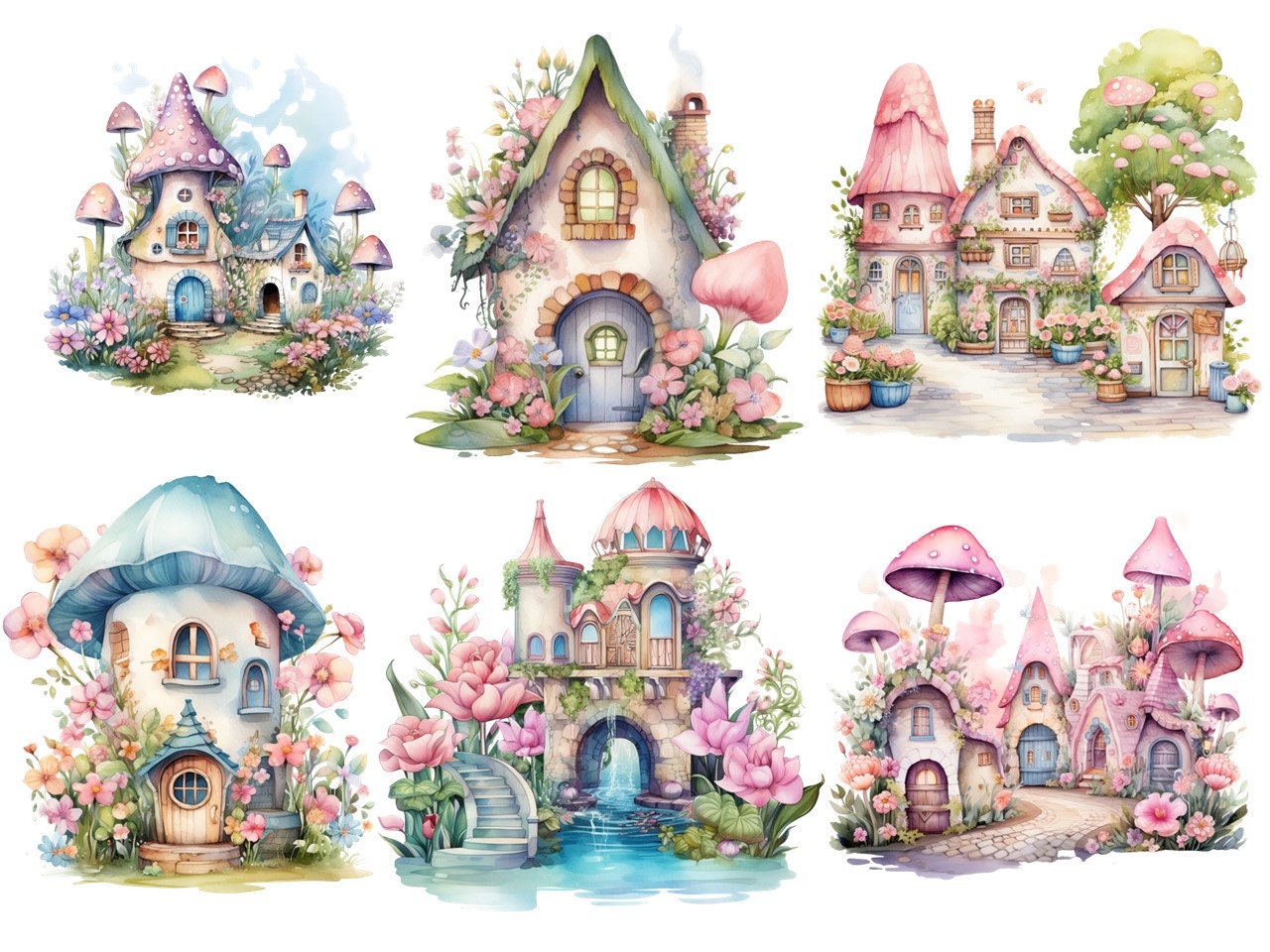 Watercolor Fairy House Clipart: Floral Mushroom Garden (digital ...