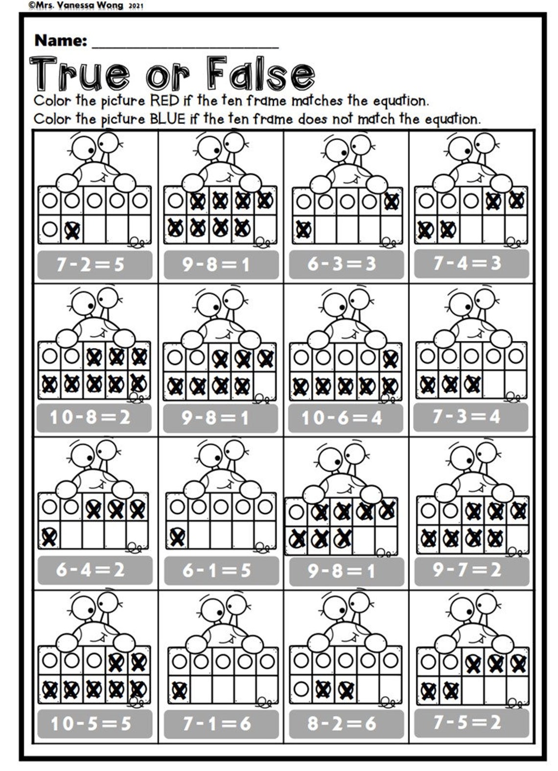 Kindergarten Math Worksheets. Ten Frame Subtraction. - Etsy