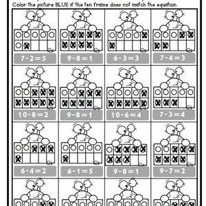 Kindergarten Math Worksheets. Ten Frame Subtraction. - Etsy