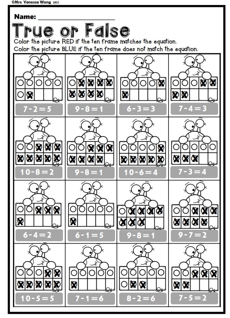 Kindergarten Math Worksheets. Ten Frame Subtraction. - Etsy