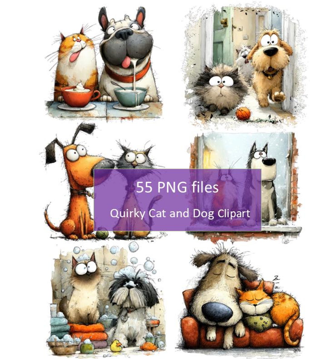 Quirky Clipart Bundle: Watercolor Style, Funny Cat and Dog PNG Images ...
