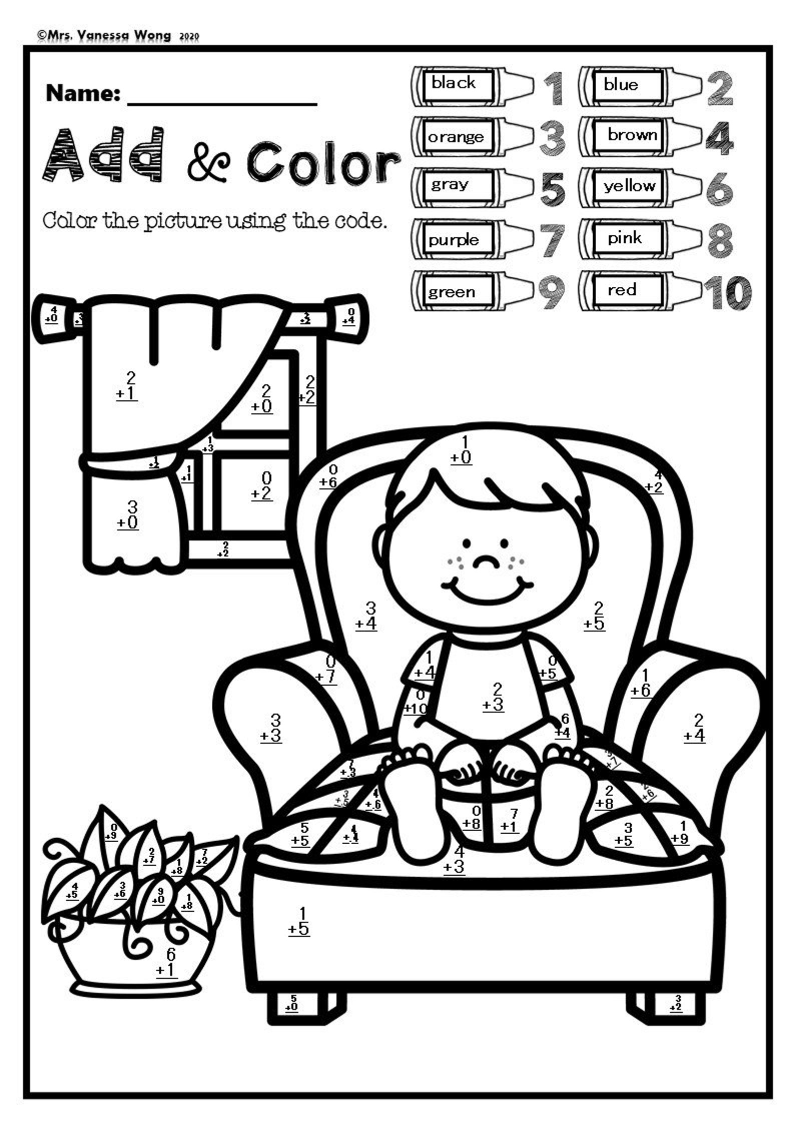 Kindergarten Math Worksheets. Addition: Color by Code. - Etsy Hong Kong