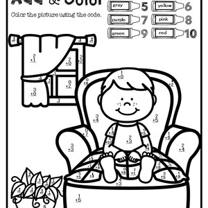 Kindergarten Math Worksheets. Addition: Color by Code. - Etsy