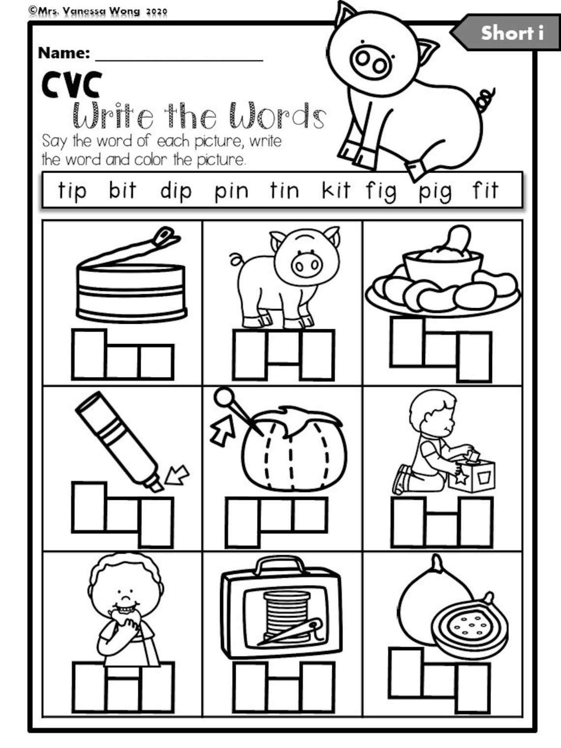 Phonics Worksheets CVC Write the Words for Kindergarten and First Grade ...