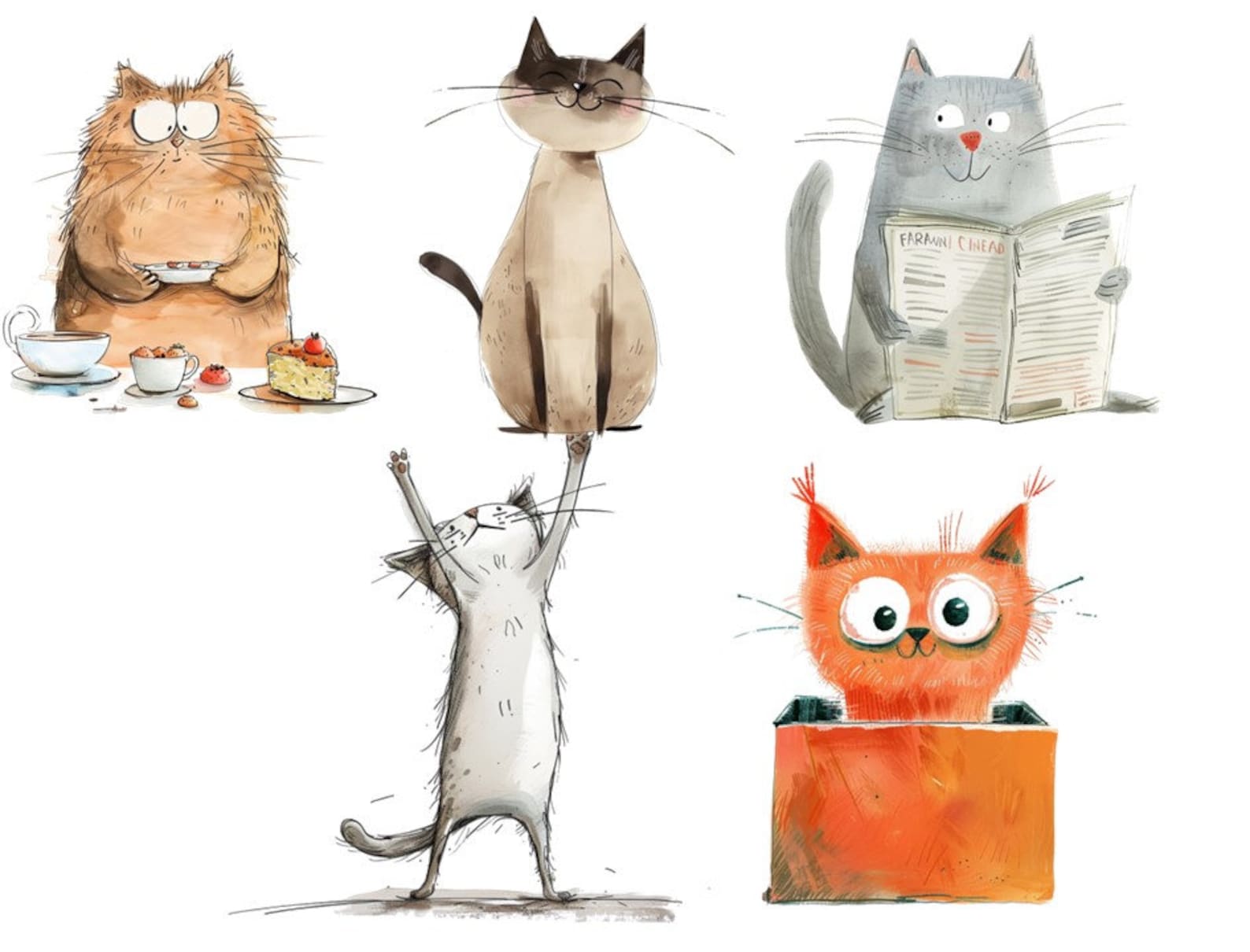 Funny Watercolor Cat Clipart Bundle: Kawaii PNG Graphics (digital ...