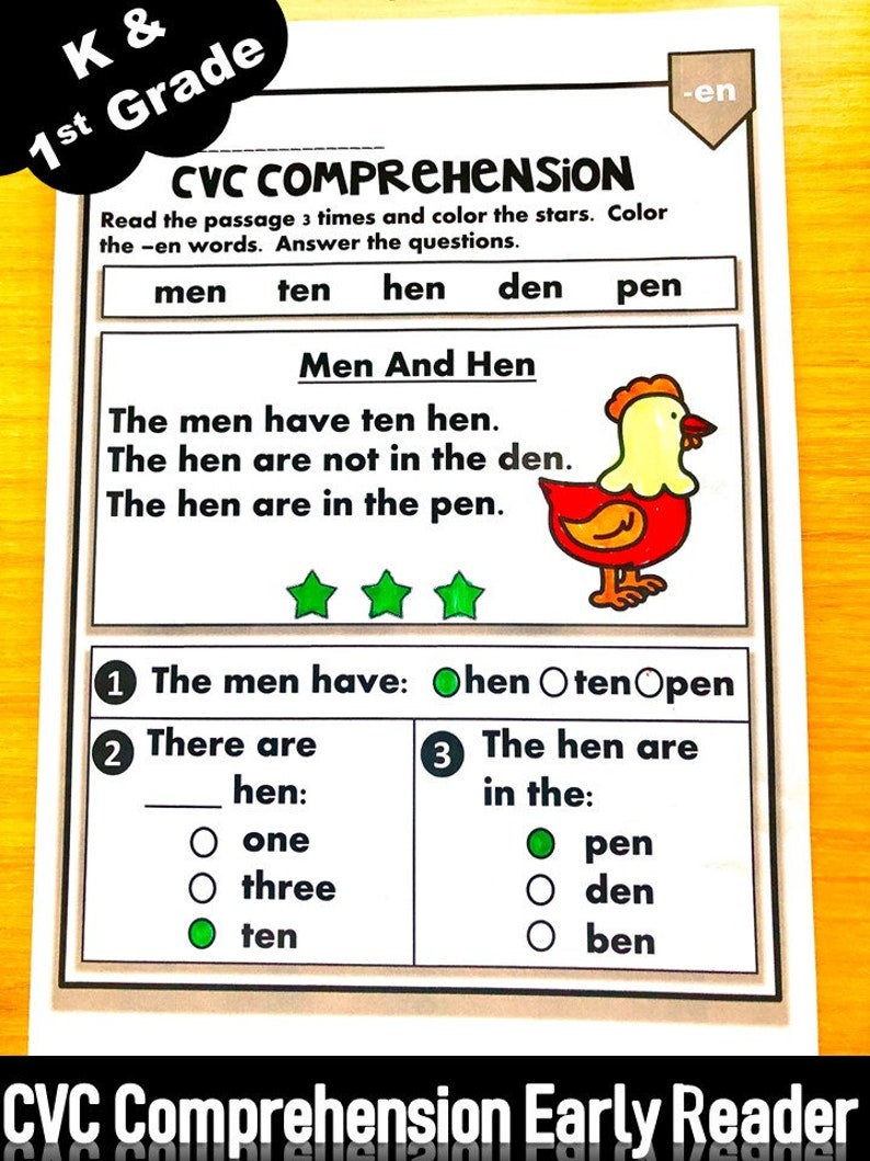 Phonics Worksheets, CVC Comprehension Early Readers for Kindergarten ...
