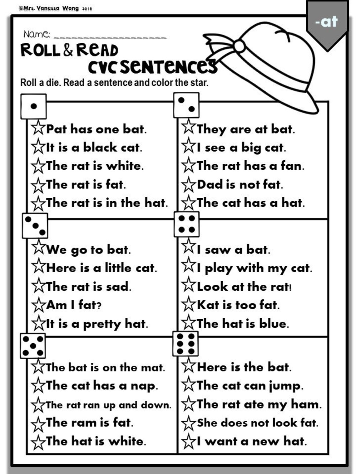 Phonics Worksheets CVC Short Vowels - Roll & Read Sentences ...
