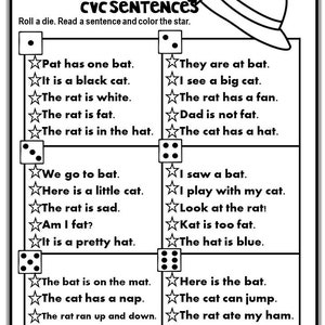 Phonics Worksheets CVC Short Vowels - Roll & Read Sentences ...