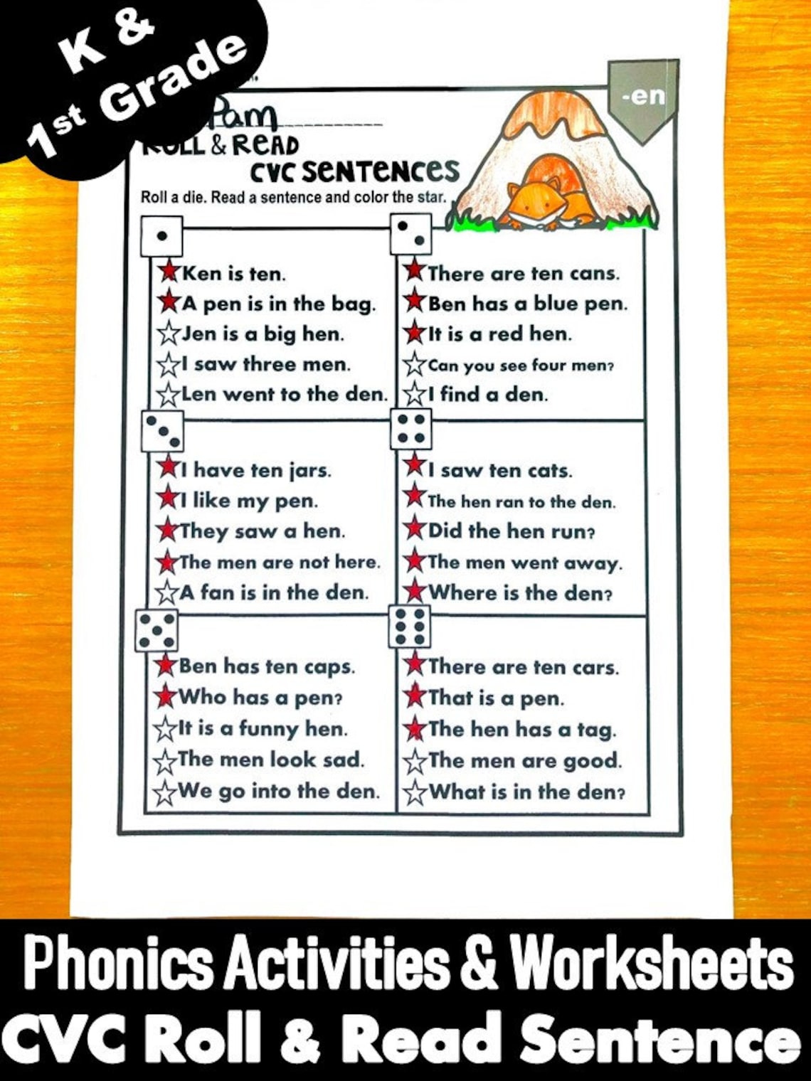 Phonics Worksheets CVC Short Vowels - Roll & Read Sentences ...