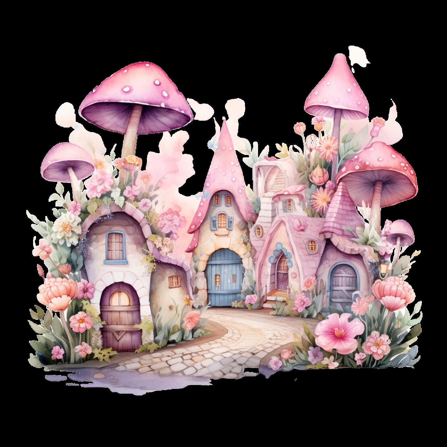 Watercolor Fairy House Clipart: Floral Mushroom Garden (digital ...