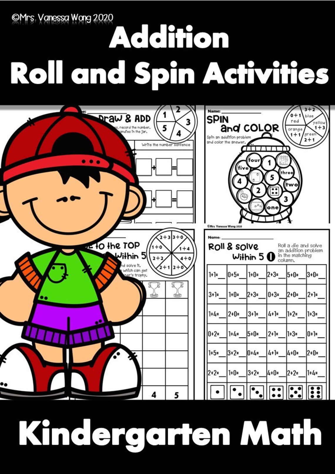 Kindergarten Math Worksheets. Addition: Roll & Spin. - Etsy