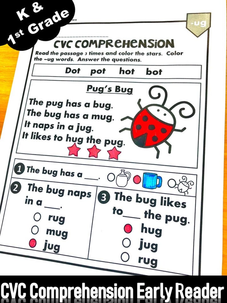 Phonics Worksheets, CVC Comprehension Early Readers for Kindergarten ...