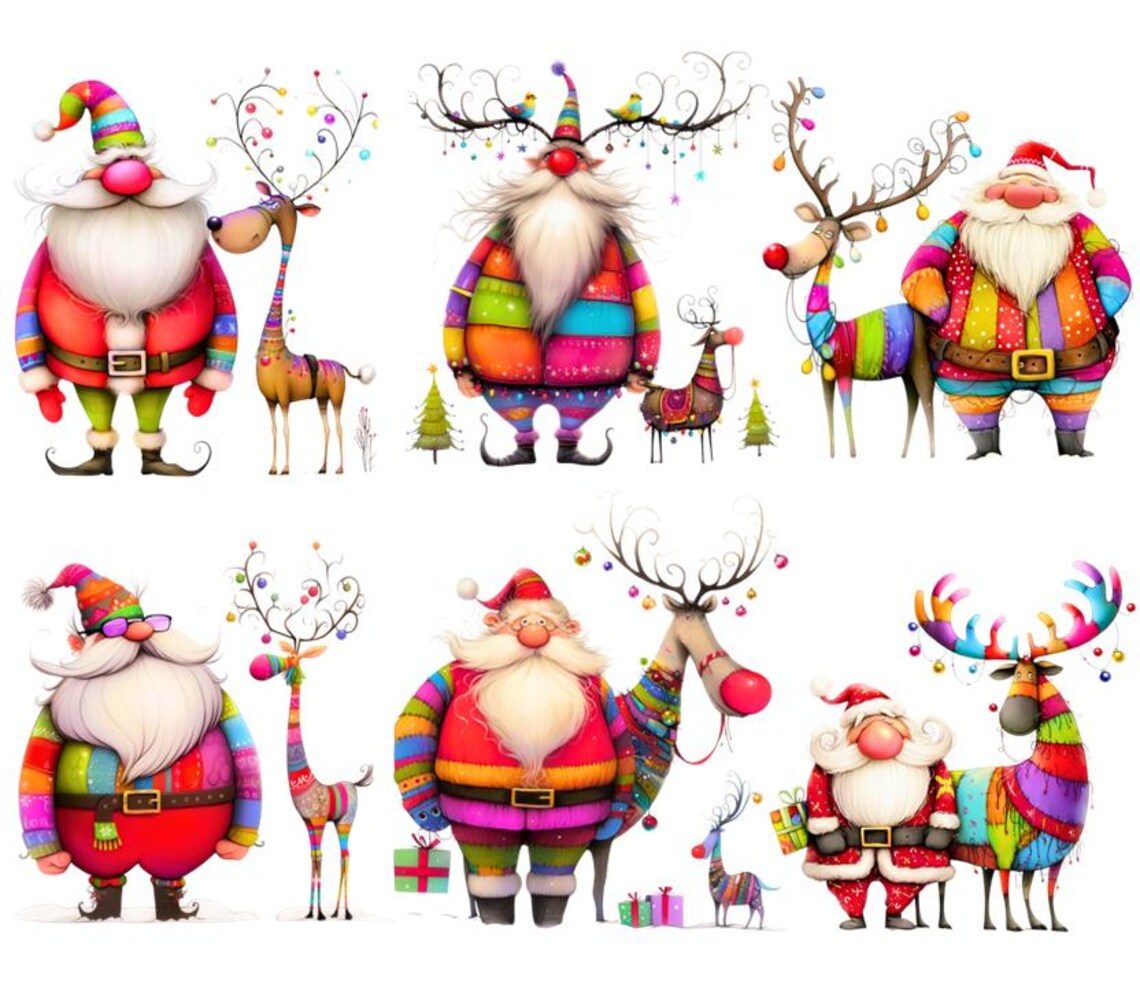 Quirky Christmas Santa & Reindeer Clipart: Whimsical PNG Images ...