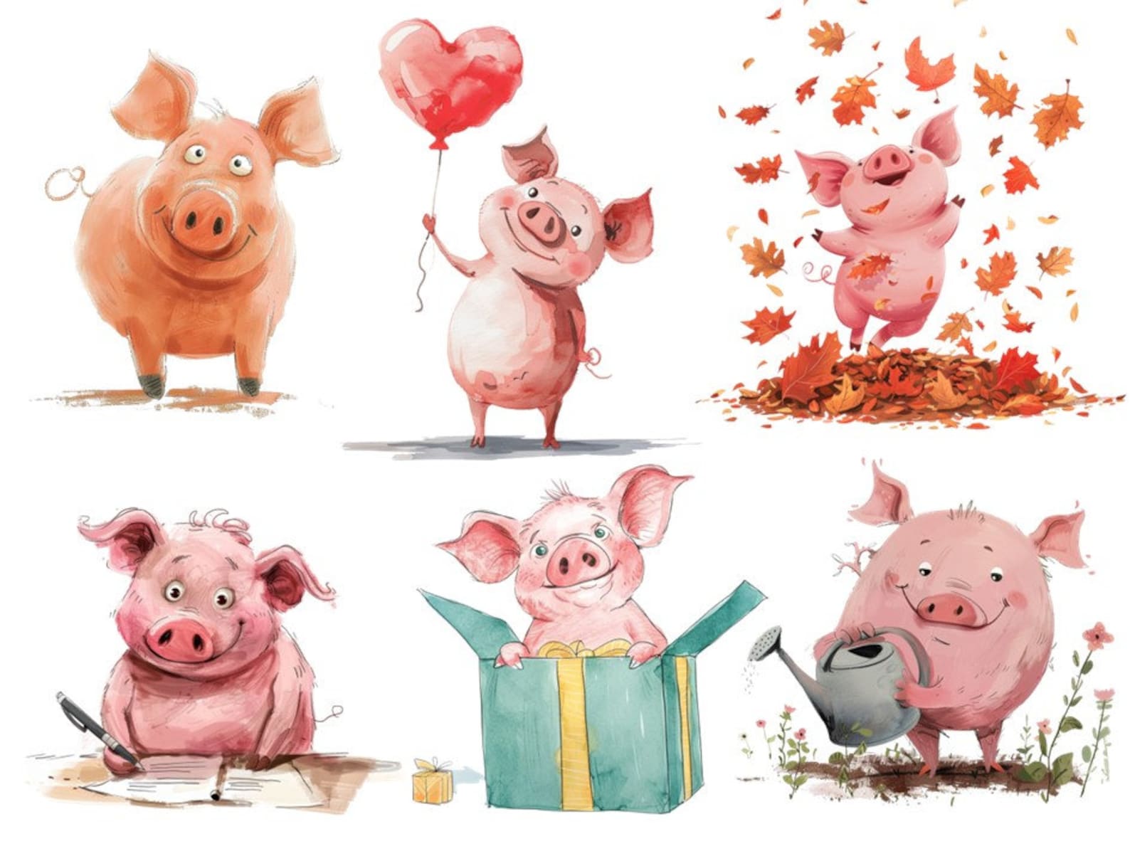 Funny Pig Watercolor Clipart Bundle: Quirky Farm Animals (PNG ...