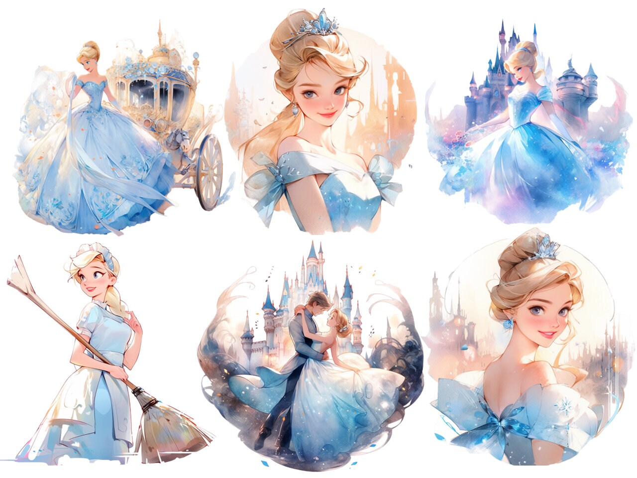 Watercolor Cinderella Clipart: Princess, Castle, Carriage (PNG Digital ...