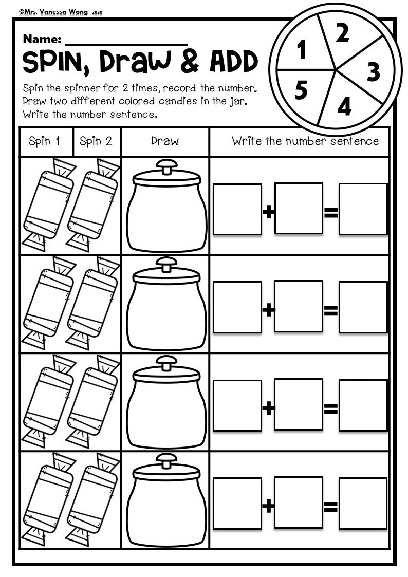 Kindergarten Math Worksheets. Addition: Roll & Spin. - Etsy
