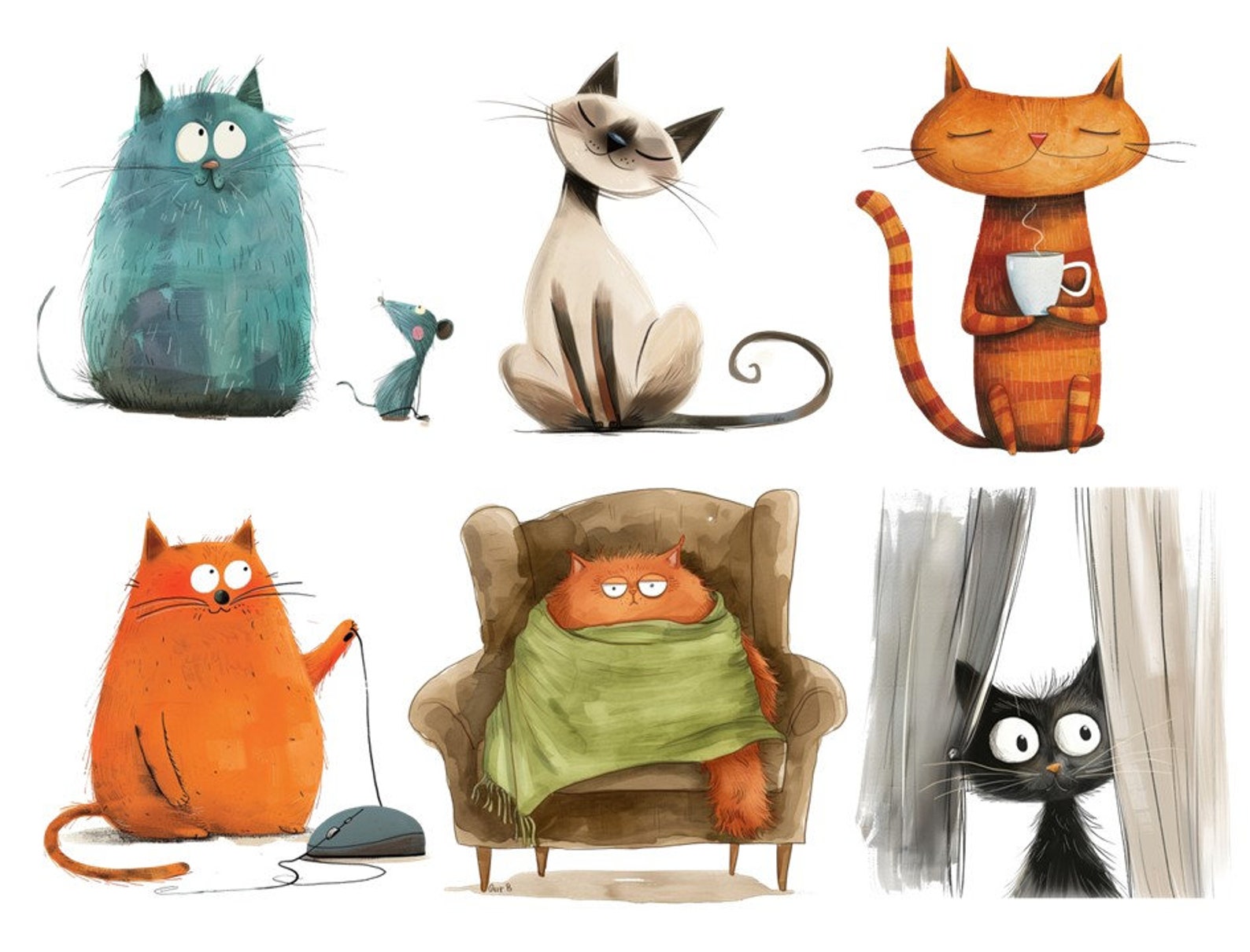 Funny Watercolor Cat Clipart Bundle: Kawaii PNG Graphics (digital ...