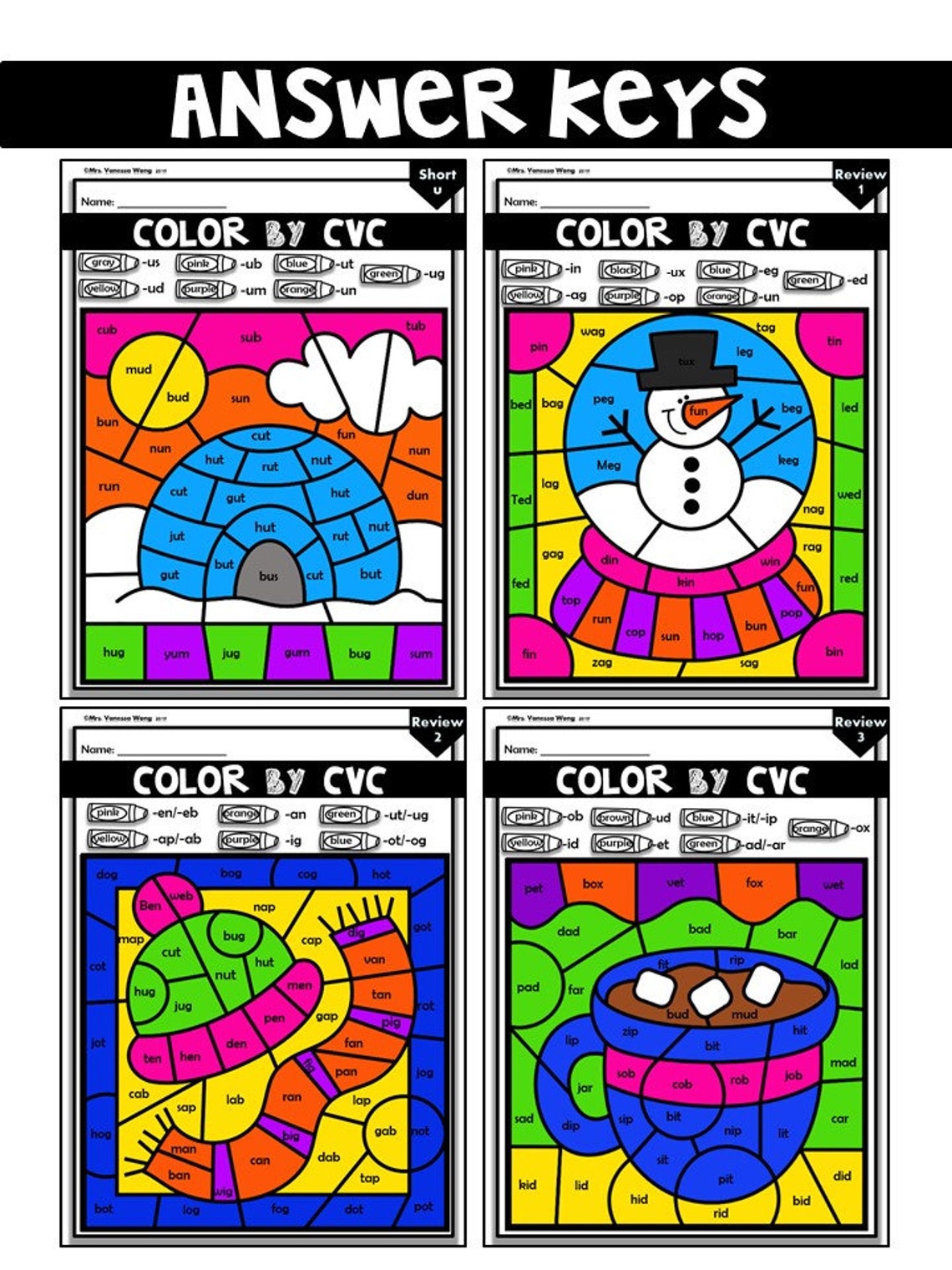 Phonics Worksheets-cvc Color by Code. Winter Theme. Prek/kindergarten ...