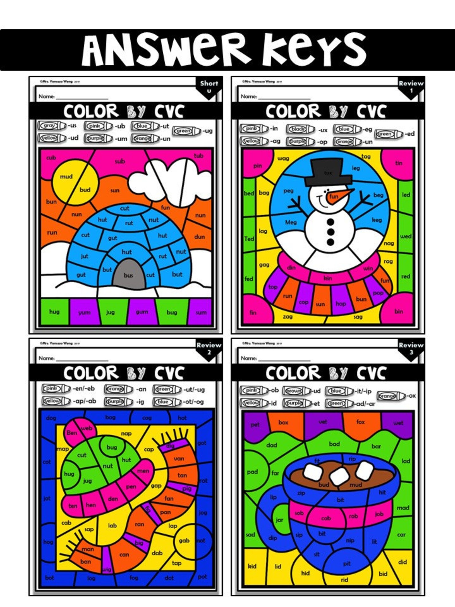 Phonics Worksheets-cvc Color by Code. Winter Theme. - Etsy