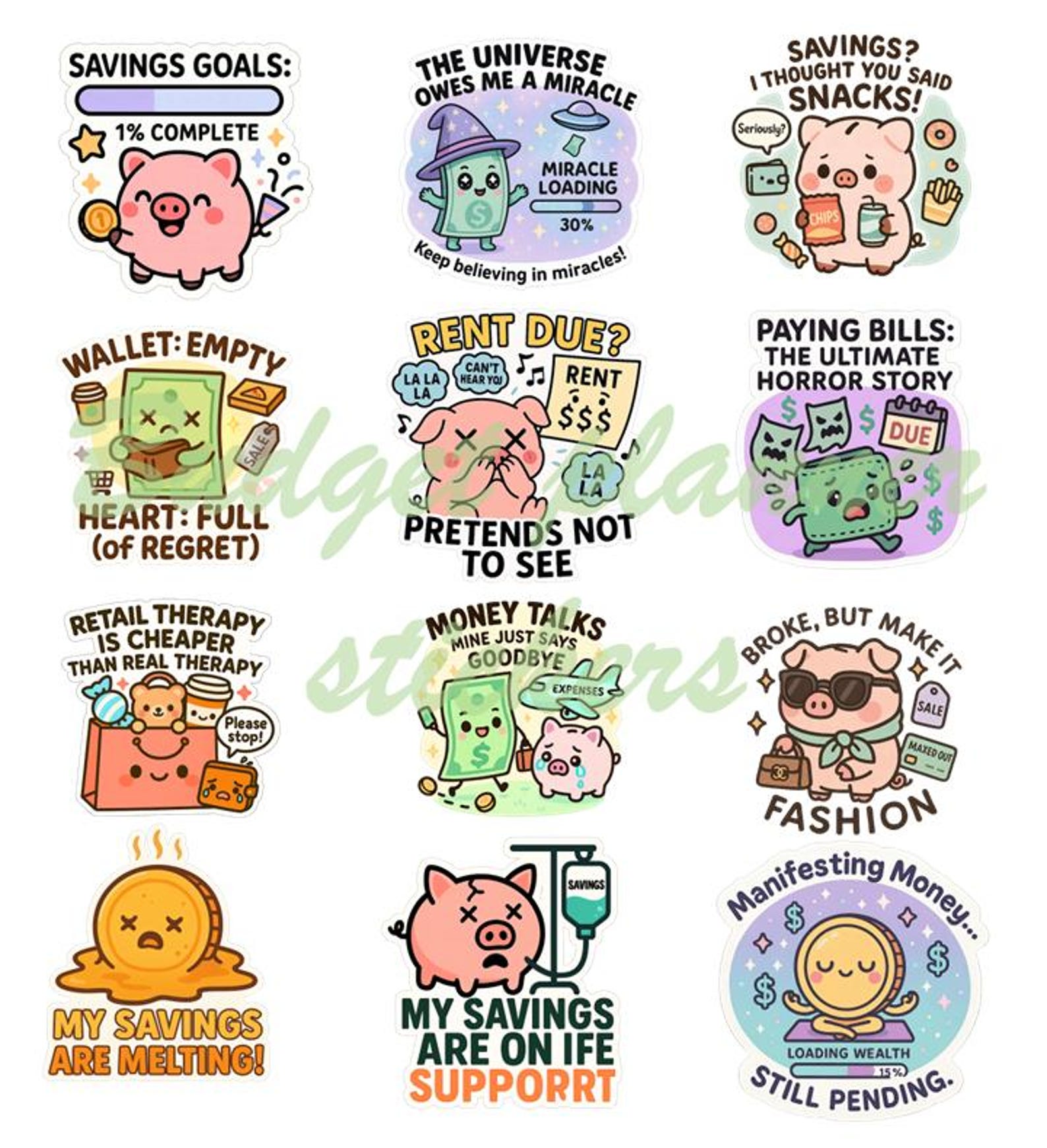 Sarcastic Budget Planner Stickers: Kawaii PNG, Funny Money Stickers ...