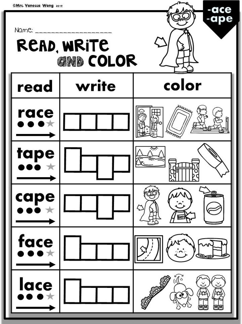 Phonics Worksheets Cvce Long Vowels-read Write & Color(kindergarten ...