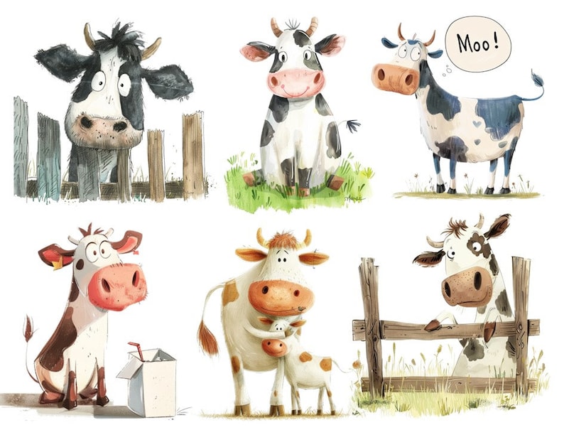Funny Cow Watercolor Clipart Bundle: Quirky PNG Images (digital ...
