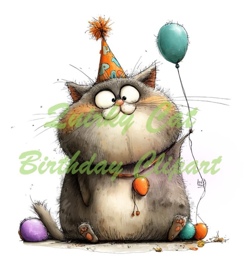 Watercolor Cat Birthday Clipart: 73 Funny PNG Images (digital Download ...