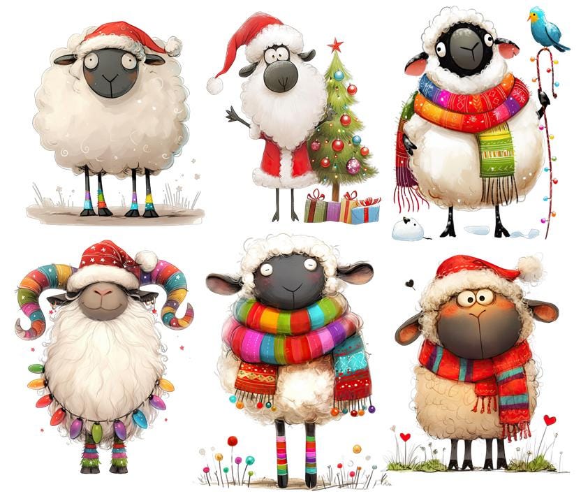 Funny Christmas Sheep Clipart Bundle: Watercolor PNG (digital Download ...